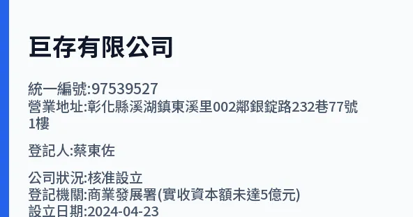 巨存有限公司的照片-統編 97539527(彰化縣) 公司登記資料與營業項目詳細圖表
