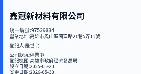 鑫冠新材料有限公司的照片-統編 97539884(高雄市) 公司登記資料與營業項目詳細圖表