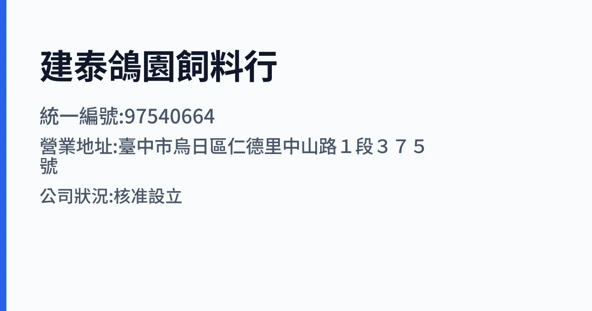建泰鴿園飼料行 - 統編 97540664(臺中市) 公司登記資料與營業項目詳細圖表