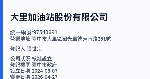 大里加油站股份有限公司的照片-統編 97540691(臺中市) 公司登記資料與營業項目詳細圖表