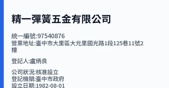 精一彈簧五金有限公司的照片-統編 97540876(臺中市) 公司登記資料與營業項目詳細圖表