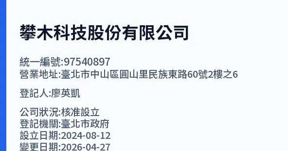 攀木科技股份有限公司的照片-統編 97540897(臺北市) 公司登記資料與營業項目詳細圖表