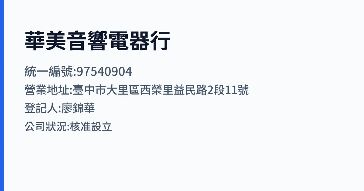 華美音響電器行 - 統編 97540904(臺中市) 公司登記資料與營業項目詳細圖表