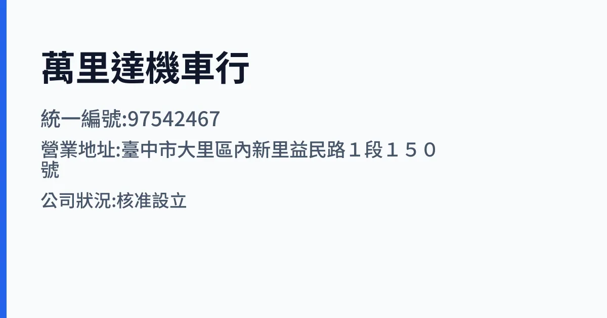 萬里達機車行 - 統編 97542467(臺中市) 公司登記資料與營業項目詳細圖表