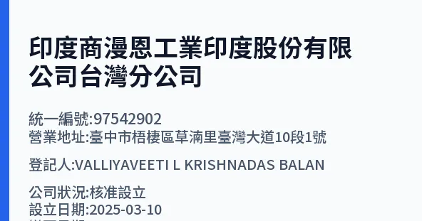印度商漫恩工業印度股份有限公司台灣分公司的照片-統編 97542902(臺中市) 公司登記資料與營業項目詳細圖表