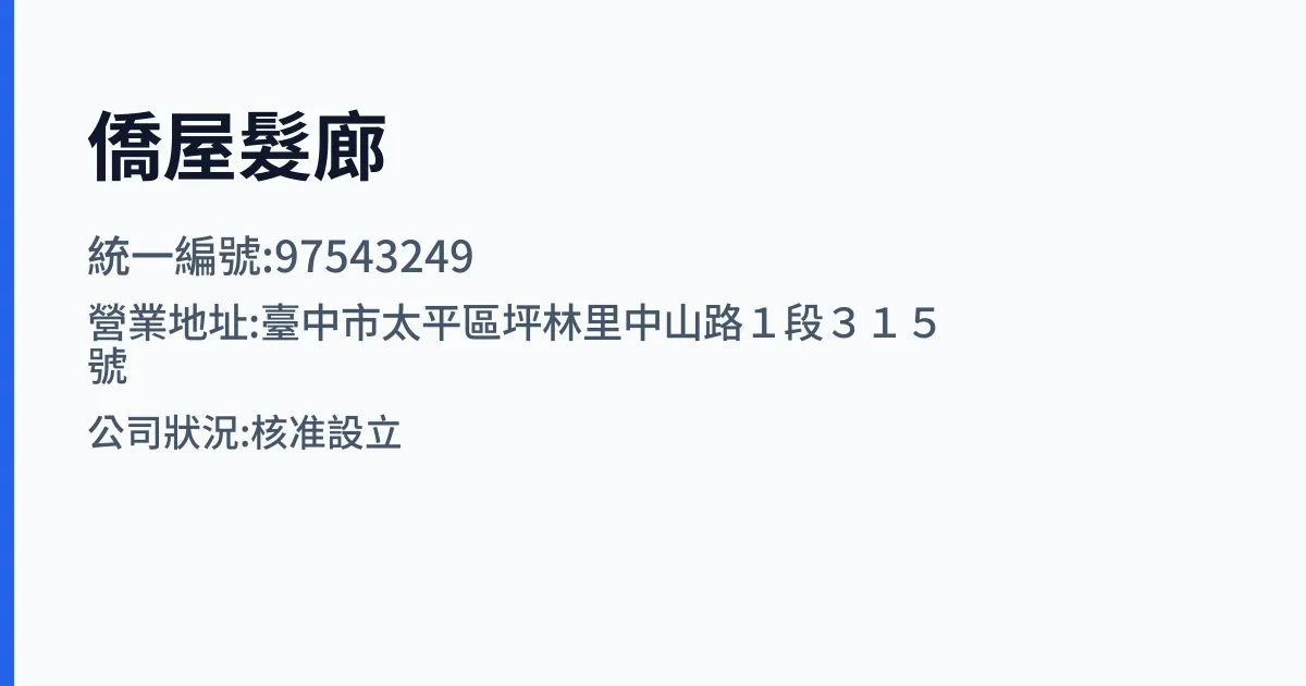 僑屋髮廊 - 統編 97543249(臺中市) 公司登記資料與營業項目詳細圖表