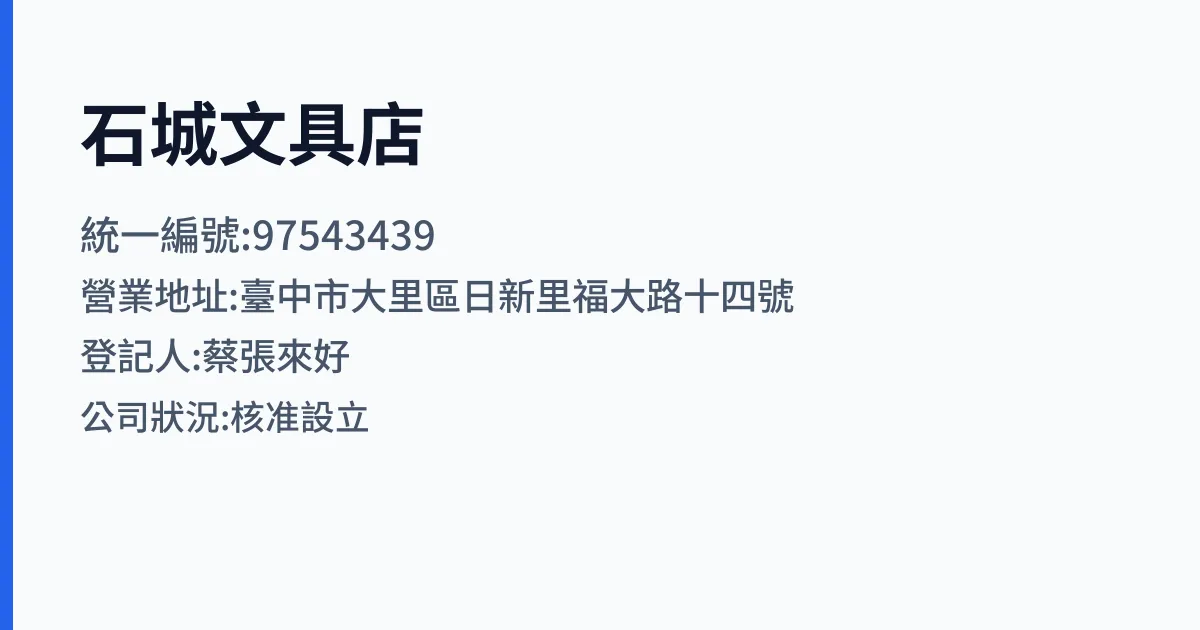 石城文具店 - 統編 97543439(臺中市) 公司登記資料與營業項目詳細圖表
