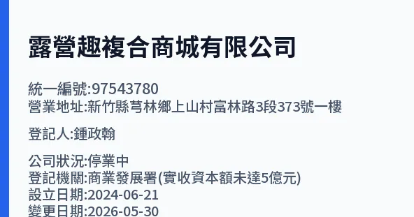 露營趣複合商城有限公司的照片-統編 97543780(新竹縣) 公司登記資料與營業項目詳細圖表