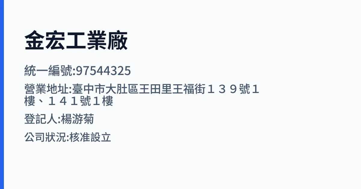 金宏工業廠 - 統編 97544325(臺中市) 公司登記資料與營業項目詳細圖表