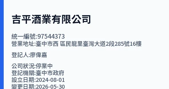 吉平酒業有限公司的照片-統編 97544373(臺中市) 公司登記資料與營業項目詳細圖表