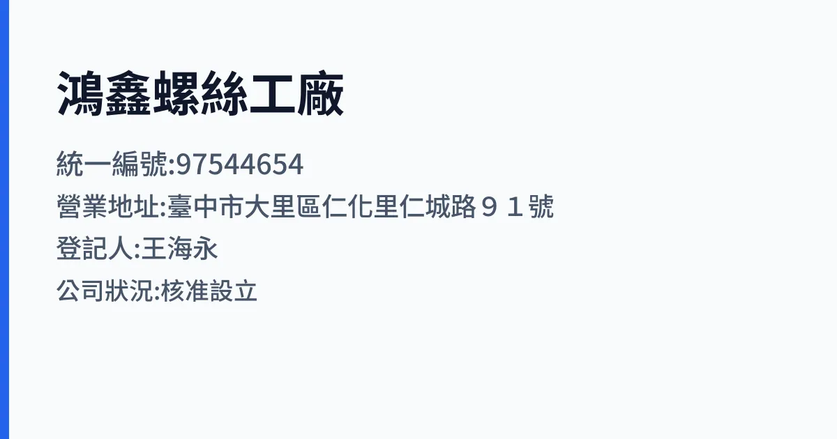 鴻鑫螺絲工廠 - 統編 97544654(臺中市) 公司登記資料與營業項目詳細圖表