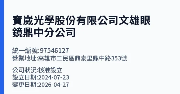 寶崴光學股份有限公司文雄眼鏡鼎中分公司的照片-統編 97546127(高雄市) 公司登記資料與營業項目詳細圖表