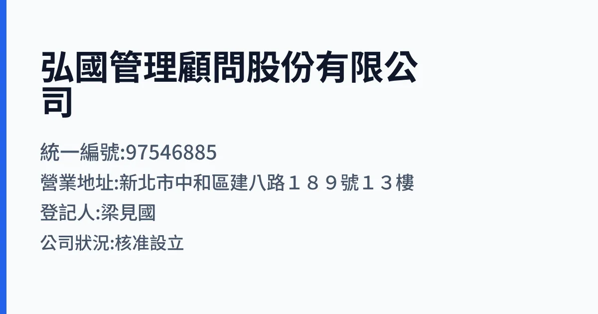 弘國管理顧問股份有限公司 - 統編 97546885(新北市) 公司登記資料與營業項目詳細圖表