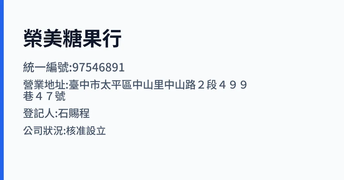 榮美糖果行 - 統編 97546891(臺中市) 公司登記資料與營業項目詳細圖表