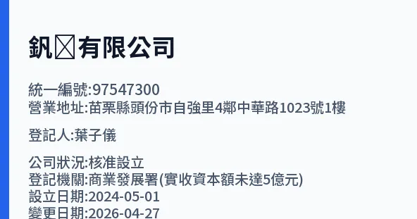 釩亜有限公司的照片-統編 97547300(苗栗縣) 公司登記資料與營業項目詳細圖表