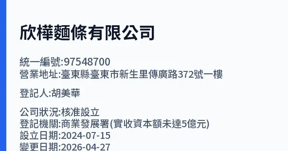 欣樺麵條有限公司的照片-統編 97548700(臺東縣) 公司登記資料與營業項目詳細圖表
