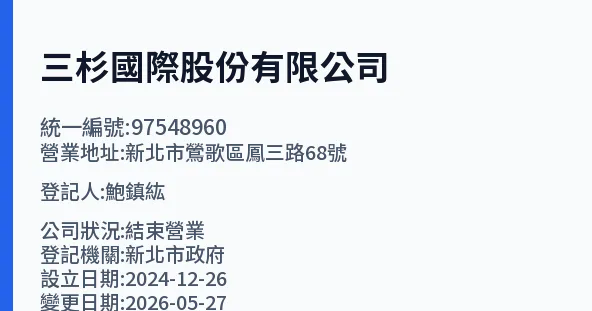 三杉國際股份有限公司的照片-統編 97548960(新北市) 公司登記資料與營業項目詳細圖表