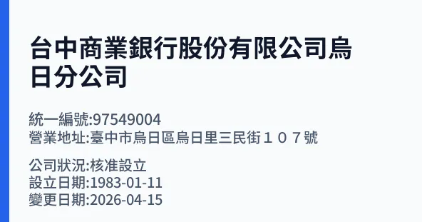 台中商業銀行股份有限公司烏日分公司的照片-統編 97549004(臺中市) 公司登記資料與營業項目詳細圖表