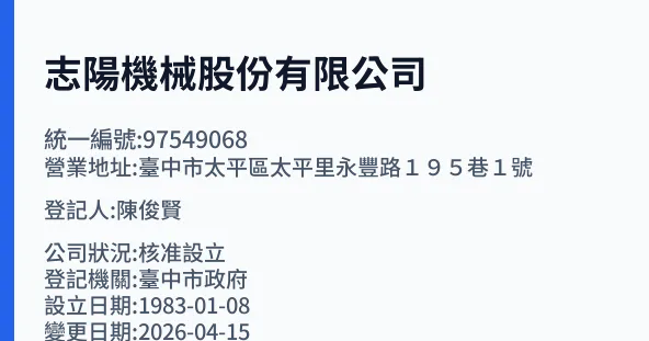 志陽機械股份有限公司的照片-統編 97549068(臺中市) 公司登記資料與營業項目詳細圖表