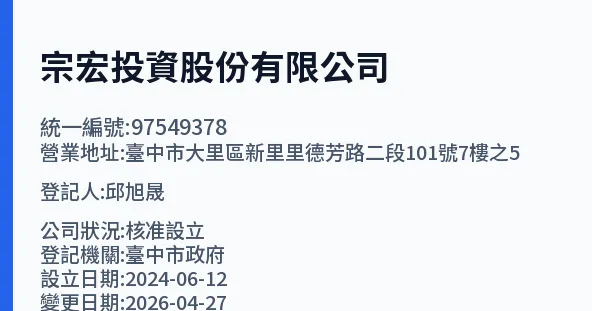 宗宏投資股份有限公司的照片-統編 97549378(臺中市) 公司登記資料與營業項目詳細圖表