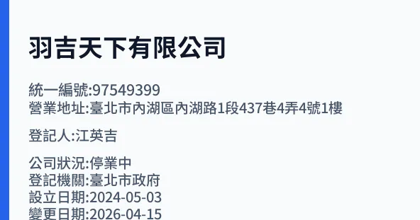 羽吉天下有限公司的照片-統編 97549399(臺北市) 公司登記資料與營業項目詳細圖表