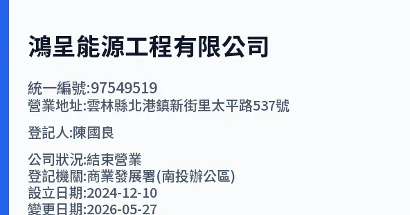 鴻呈能源工程有限公司的照片-統編 97549519(雲林縣) 公司登記資料與營業項目詳細圖表