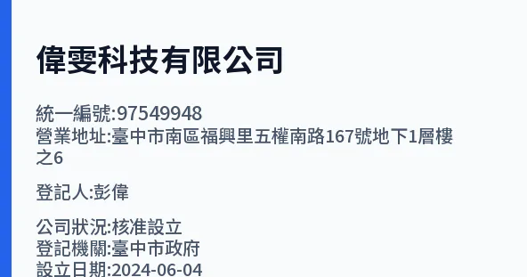 偉雯科技有限公司的照片-統編 97549948(臺中市) 公司登記資料與營業項目詳細圖表