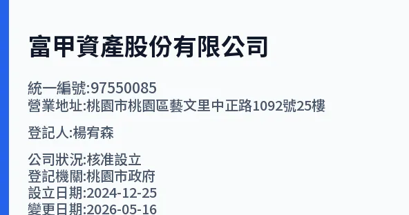 富甲資產股份有限公司的照片-統編 97550085(桃園市) 公司登記資料與營業項目詳細圖表