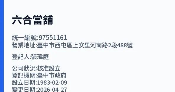 六合當舖的照片-統編 97551161(臺中市) 公司登記資料與營業項目詳細圖表