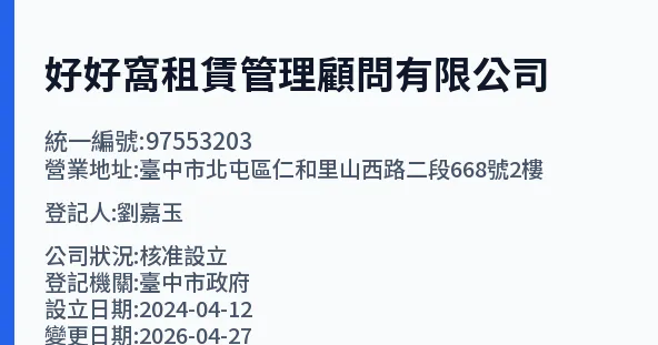 好好窩租賃管理顧問有限公司的照片-統編 97553203(臺中市) 公司登記資料與營業項目詳細圖表