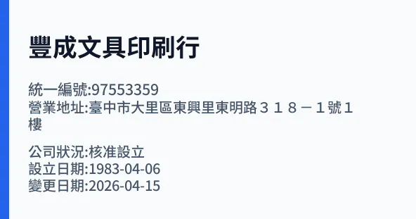 豐成文具印刷行的照片-統編 97553359(臺中市) 公司登記資料與營業項目詳細圖表