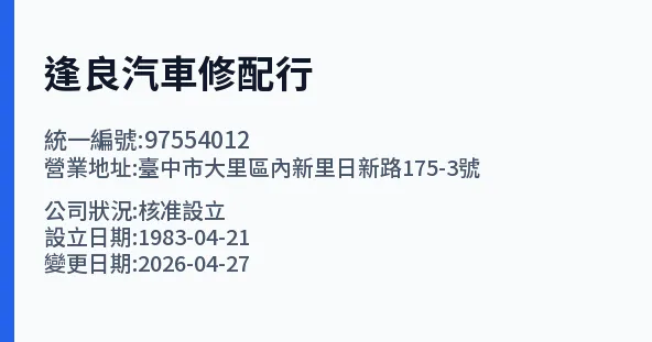 逢良汽車修配行的照片-統編 97554012(臺中市) 公司登記資料與營業項目詳細圖表