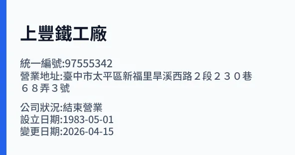 上豐鐵工廠的照片-統編 97555342(臺中市) 公司登記資料與營業項目詳細圖表