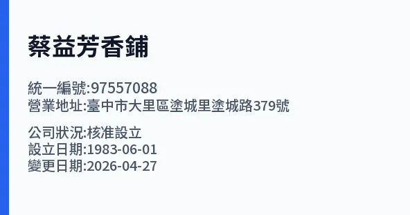 蔡益芳香鋪的照片-統編 97557088(臺中市) 公司登記資料與營業項目詳細圖表