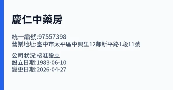慶仁中藥房的照片-統編 97557398(臺中市) 公司登記資料與營業項目詳細圖表