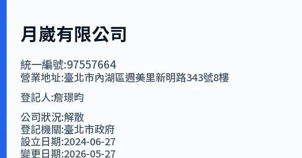 月崴有限公司的照片-統編 97557664(臺北市) 公司登記資料與營業項目詳細圖表