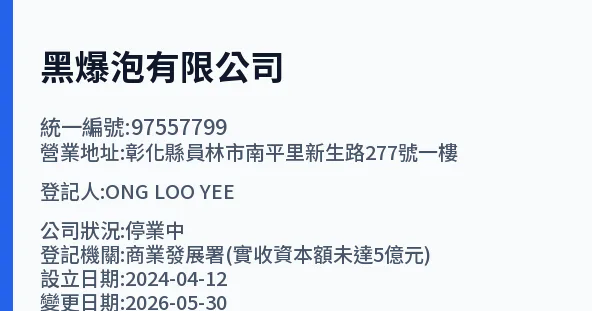 黑爆泡有限公司的照片-統編 97557799(彰化縣) 公司登記資料與營業項目詳細圖表