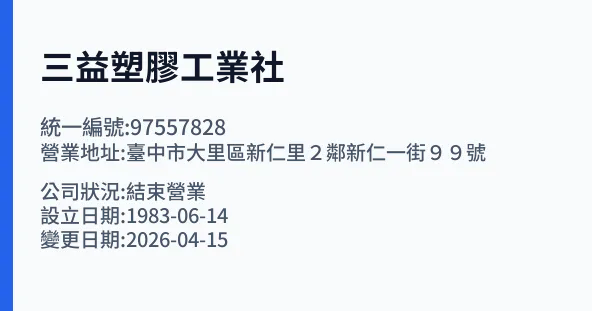 三益塑膠工業社的照片-統編 97557828(臺中市) 公司登記資料與營業項目詳細圖表