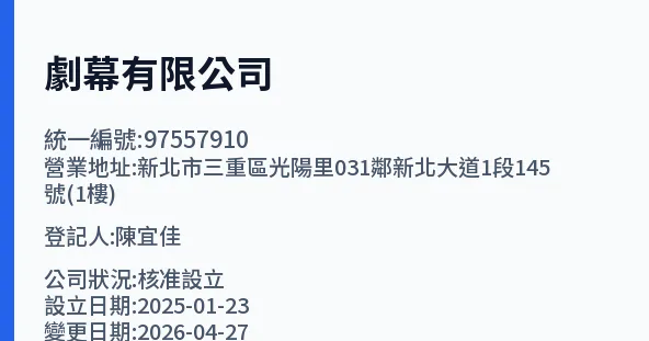 劇幕有限公司的照片-統編 97557910(新北市) 公司登記資料與營業項目詳細圖表