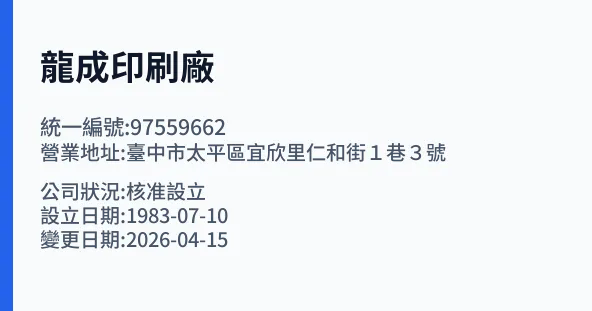 龍成印刷廠的照片-統編 97559662(臺中市) 公司登記資料與營業項目詳細圖表