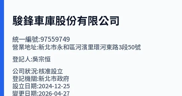 駿鋒車庫股份有限公司的照片-統編 97559749(新北市) 公司登記資料與營業項目詳細圖表