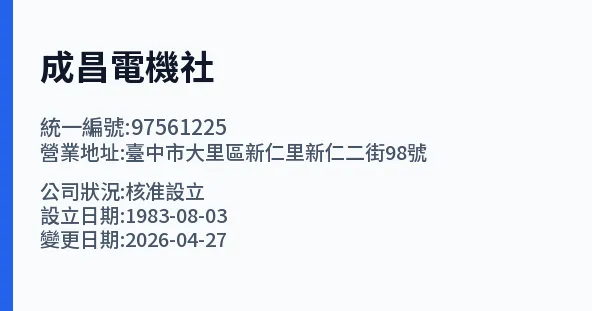 成昌電機社的照片-統編 97561225(臺中市) 公司登記資料與營業項目詳細圖表