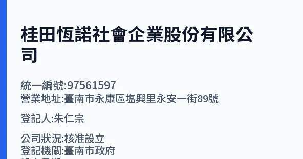 桂田恆諾社會企業股份有限公司的照片-統編 97561597(臺南市) 公司登記資料與營業項目詳細圖表