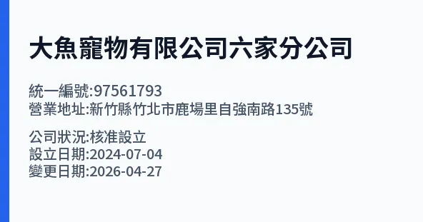 大魚寵物有限公司六家分公司的照片-統編 97561793(新竹縣) 公司登記資料與營業項目詳細圖表