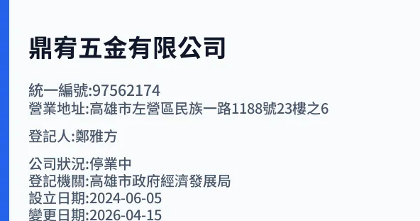 鼎宥五金有限公司的照片-統編 97562174(高雄市) 公司登記資料與營業項目詳細圖表