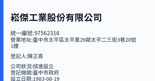 崧傑工業股份有限公司的照片-統編 97562316(臺中市) 公司登記資料與營業項目詳細圖表
