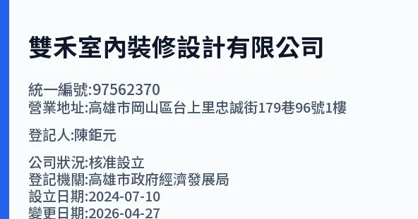 雙禾室內裝修設計有限公司的照片-統編 97562370(高雄市) 公司登記資料與營業項目詳細圖表