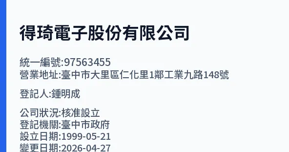 得琦電子股份有限公司的照片-統編 97563455(臺中市) 公司登記資料與營業項目詳細圖表