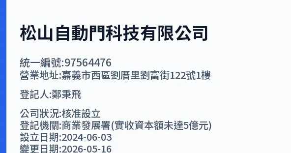 松山自動門科技有限公司的照片-統編 97564476(嘉義市) 公司登記資料與營業項目詳細圖表