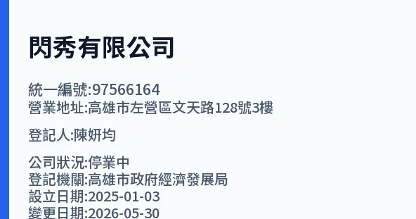 閃秀有限公司的照片-統編 97566164(高雄市) 公司登記資料與營業項目詳細圖表